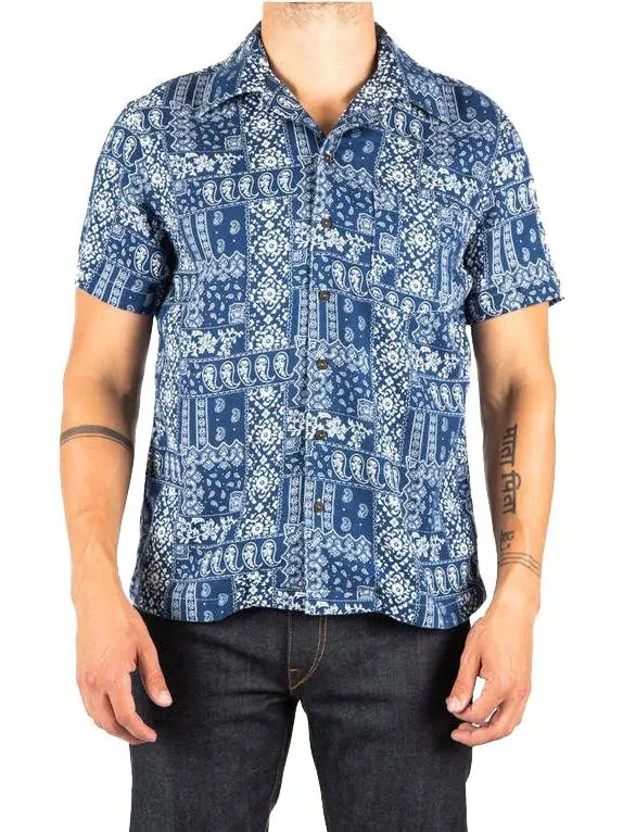 HIROSHI KATO The Wrench Waffle Bandana Print Short Sleeve Button-up Camp Shirt - Blue Bandana