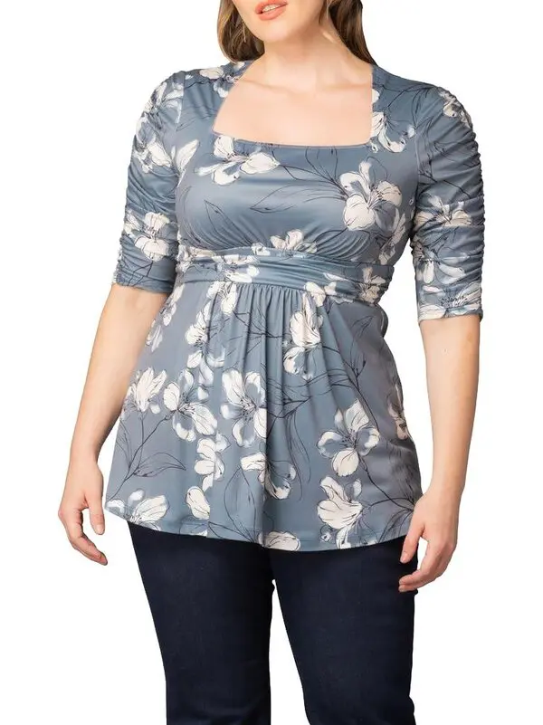 KIYONNA Ruched Sleeve Top - Grey Lily Print