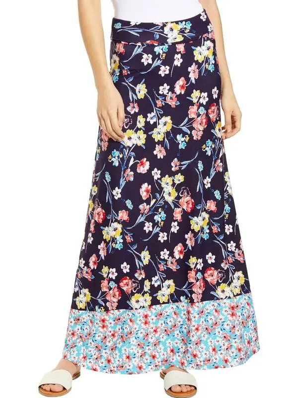 Loveappella Border Print Maxi Skirt - Navy Aqua