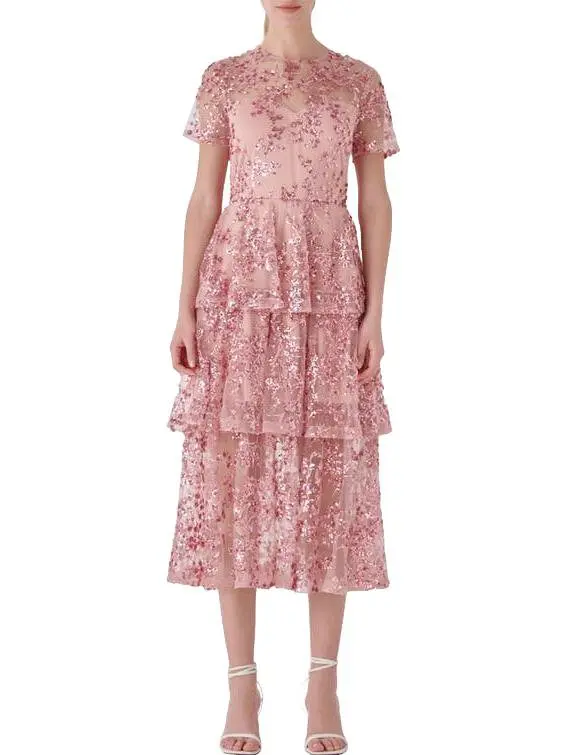 Endless Rose Sequin Embroidered Tiered Dress - Pink