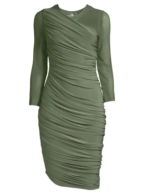 Norma Kamali Diana Mesh-sleeve Ruched Midi-dress - Celadon
