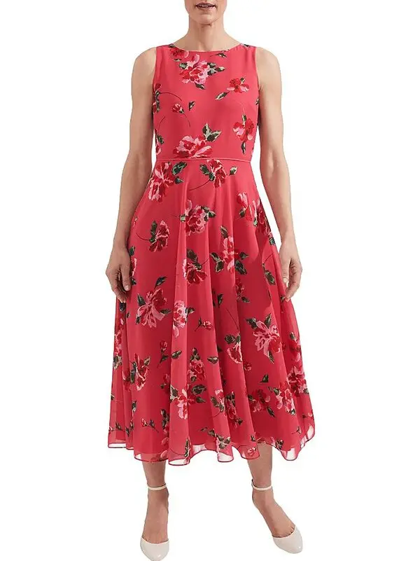 HOBBS LONDON Floral Midi Dress - Pink Red Melange