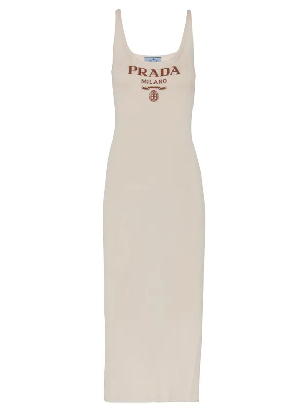 Prada Logo-intarsia Silk Midi Dress - Neutrals