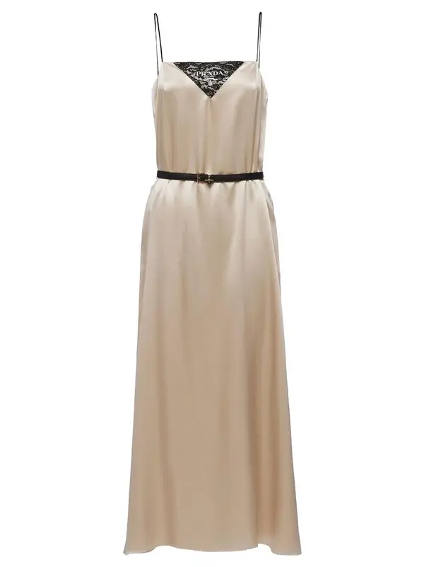 Prada Belted Satin Midi Dress - Neutrals
