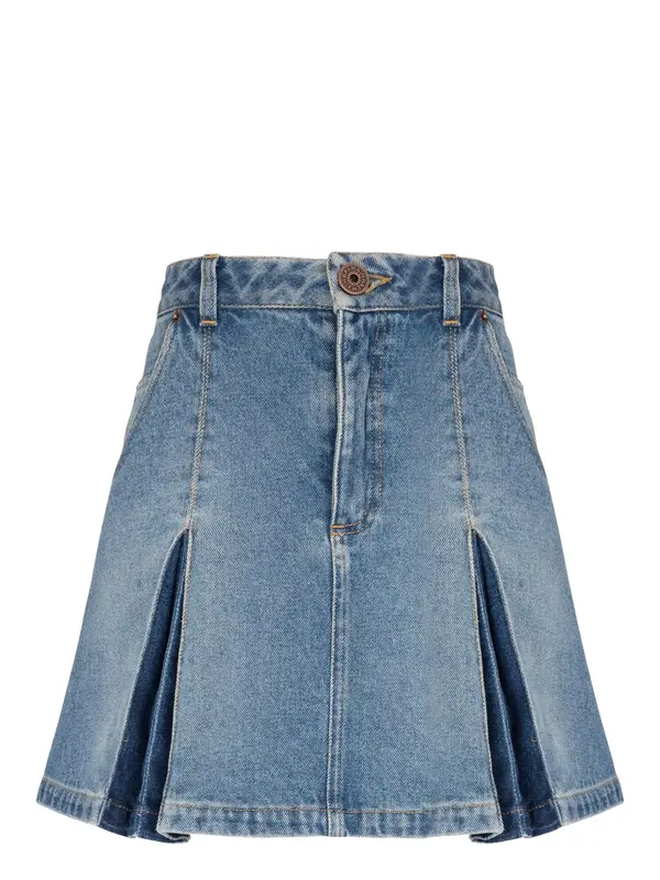 Balmain Pleated Denim Mini Skirt - Blue