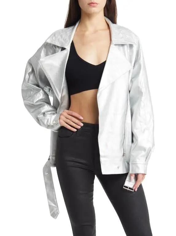 AZALEA WANG Metallic Faux Leather Moto Jacket - Silver