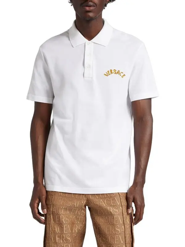 Versace Seashell Baroque Logo Cotton Piqué Polo - 1w000-optical White