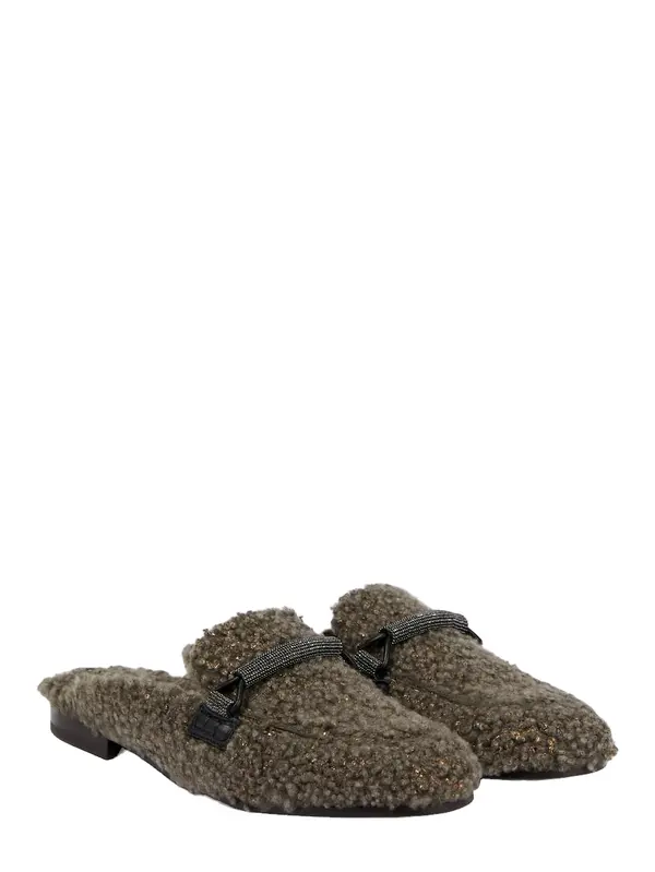 Brunello Cucinelli Embellished Shearling Slippers - Brown