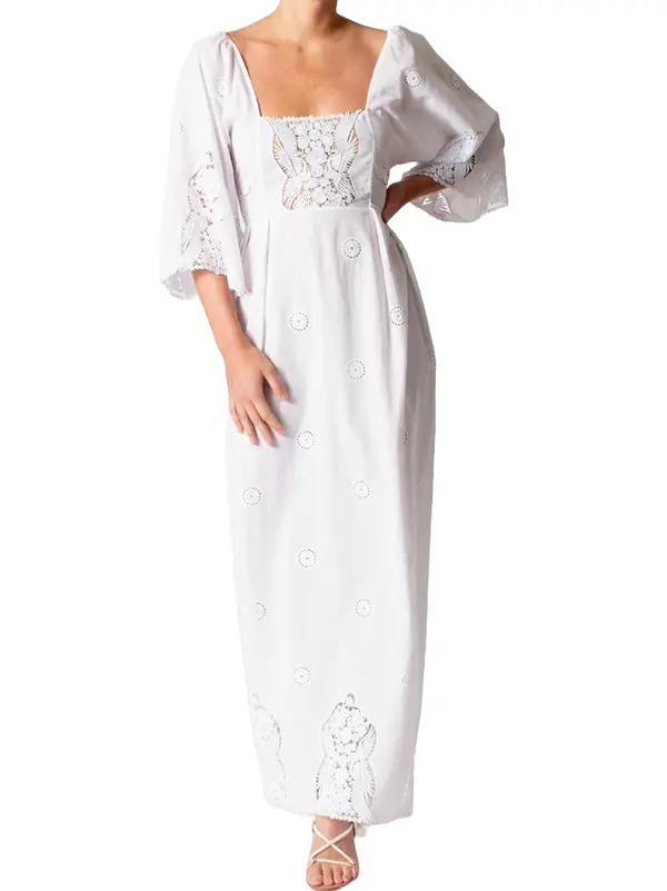 Miguelina Meredith Falcon Embroidery Dress - White