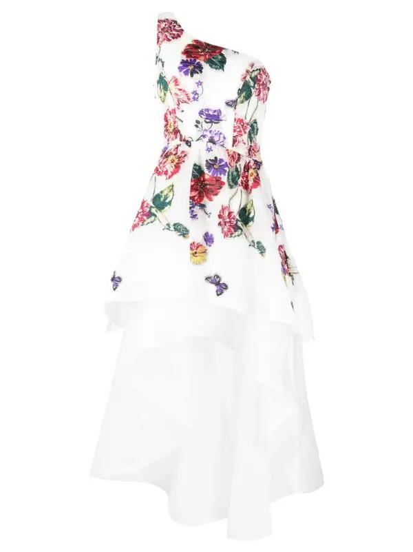 Marchesa Floral-embroidered One-shoulder Tiered Dress - White