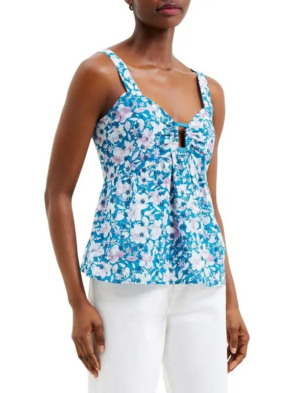 French Connection Dreanna Flores Eyelet Cotton Camisole - Ocean Depths