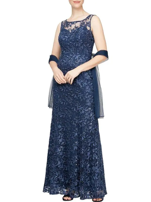 Alex Evenings Embroidered Illusion Neck Evening Gown With Shawl - Navy