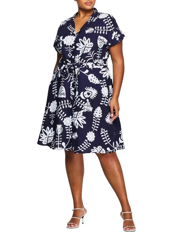 ESTELLE Tie Waist Linen Blend Shirtdress - Print