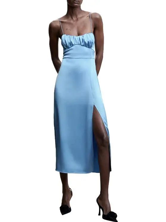 Mango Ruched Satin Slipdress - Medium Blue