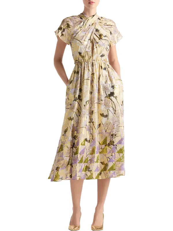 St. John Geo Frieze Jacquard Wrap Neck Dress - Stone/ Midnight Multi