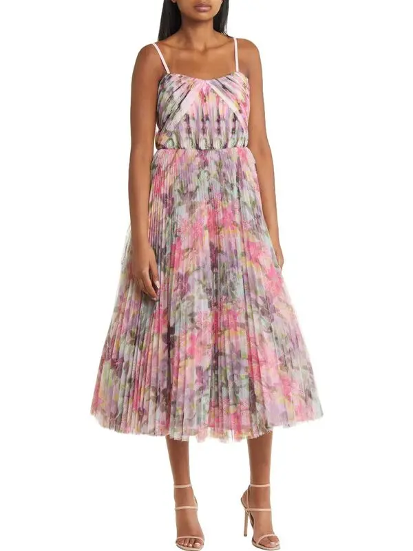 HUTCH Vita Floral Pleated Tulle Gown - Pink Laughing Lillies Tulle