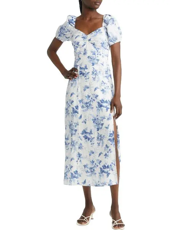 & Other Stories Floral Linen Dress - White W. Blue Floral Perla Aop