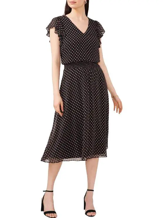 Chaus Polka Dot Smock Waist Midi Dress - Black/blush 006