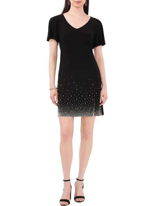 Chaus Imitation Pearl & Rhinestone Split Sleeve Dress - Black 001