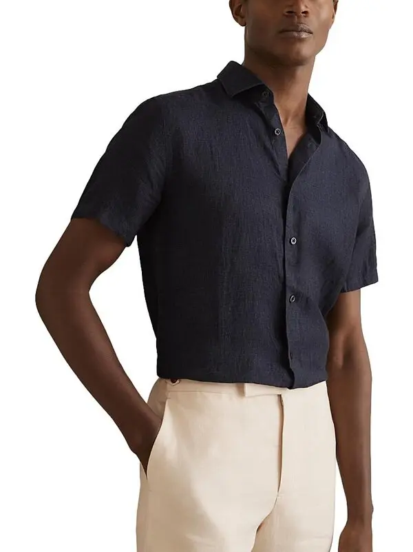 REISS Holiday Slim Fit Short Sleeve Linen Shirt - Navy Blue
