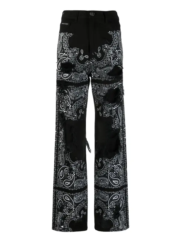 Philipp Plein Ripped Paisley-print Jeans - Black