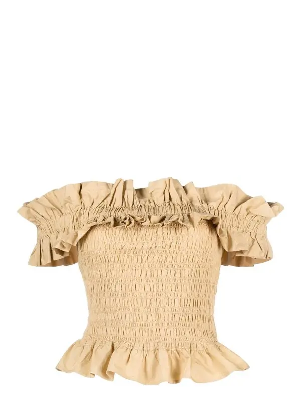 GANNI Ruffled Off-shoulder Top - Brown