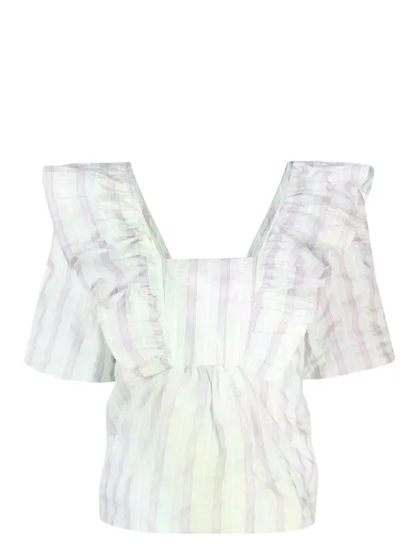 GANNI Striped Seersucker Ruffle Blouse - White