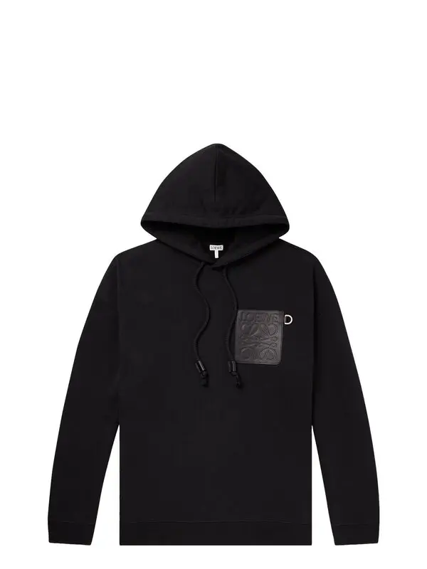 Loewe Logo-debossed Leather-trimmed Cotton-jersey Hoodie - Black