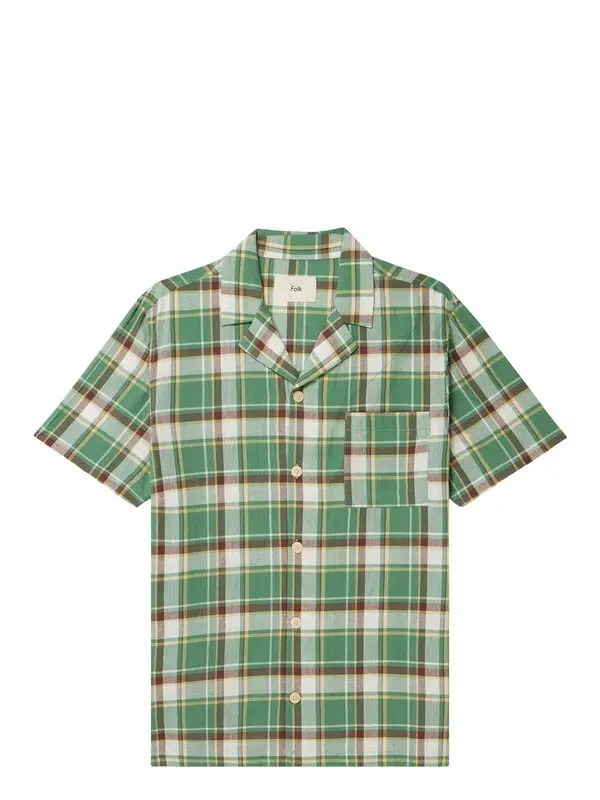 Folk Camp-collar Checked Cotton Shirt - Green