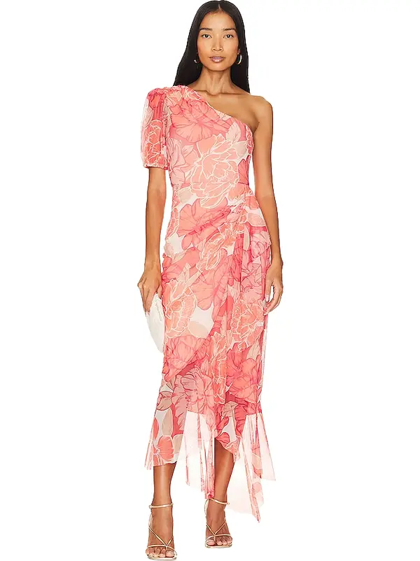 Bcbgmaxazria One Shoulder Midi Dress - Coral
