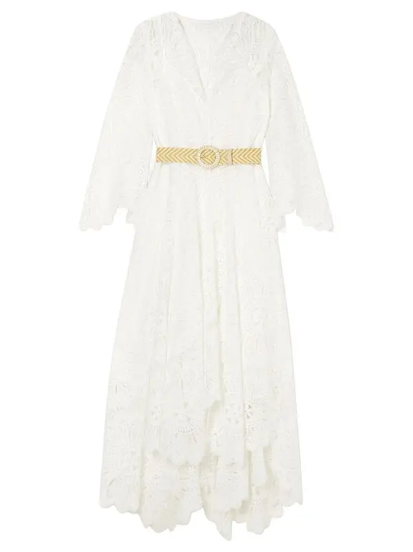 Zimmermann Chintz Doily Belted Asymmetric Guipure Lace Midi Dress - Ivory