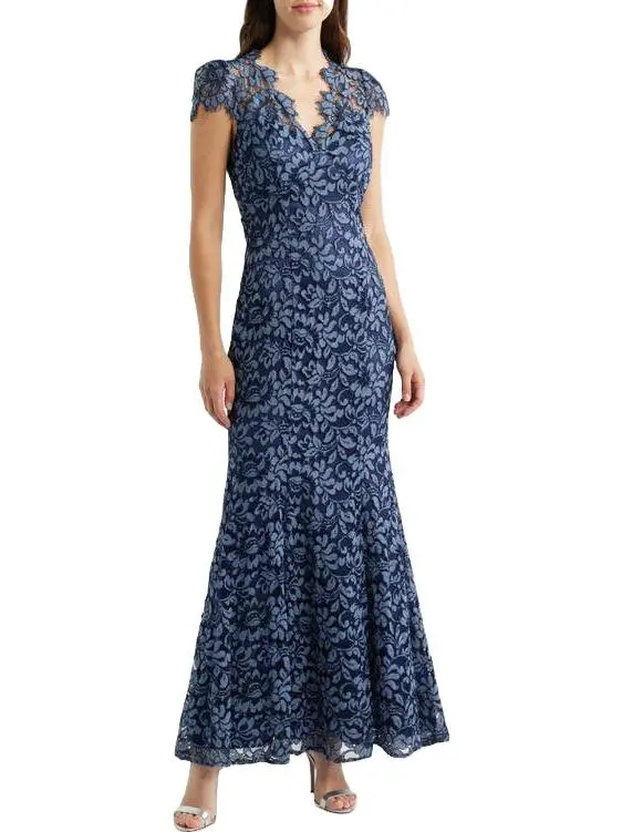 Eliza J Illusion Cap-sleeve Gown - Denim