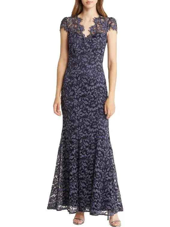 Eliza J Illusion Cap-sleeve Gown - Navy