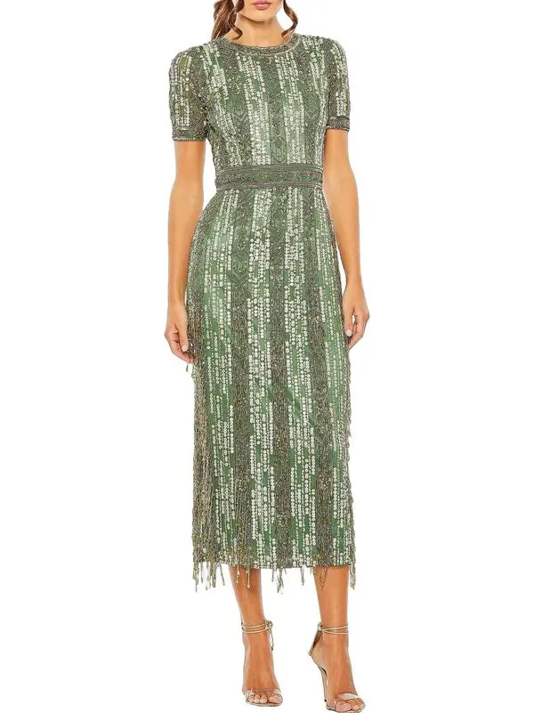 Mac Duggal Cocktail Geometric Beaded Midi-dress - Sage