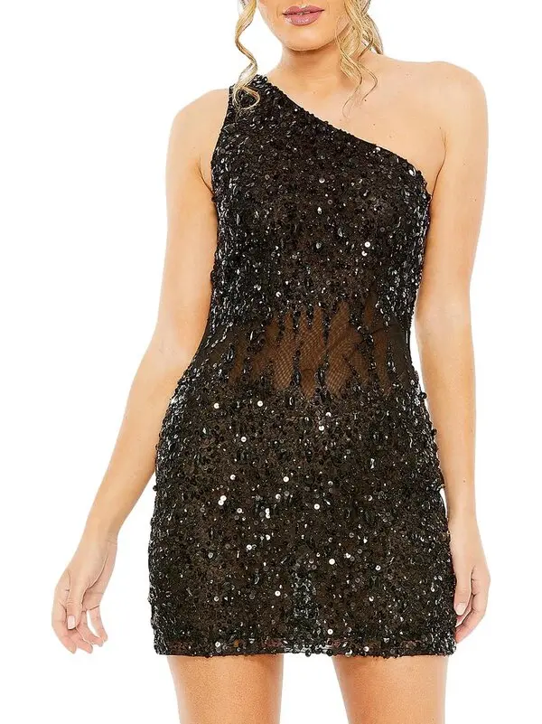 Mac Duggal Asymmetric Sequined Mesh Minidress - Black