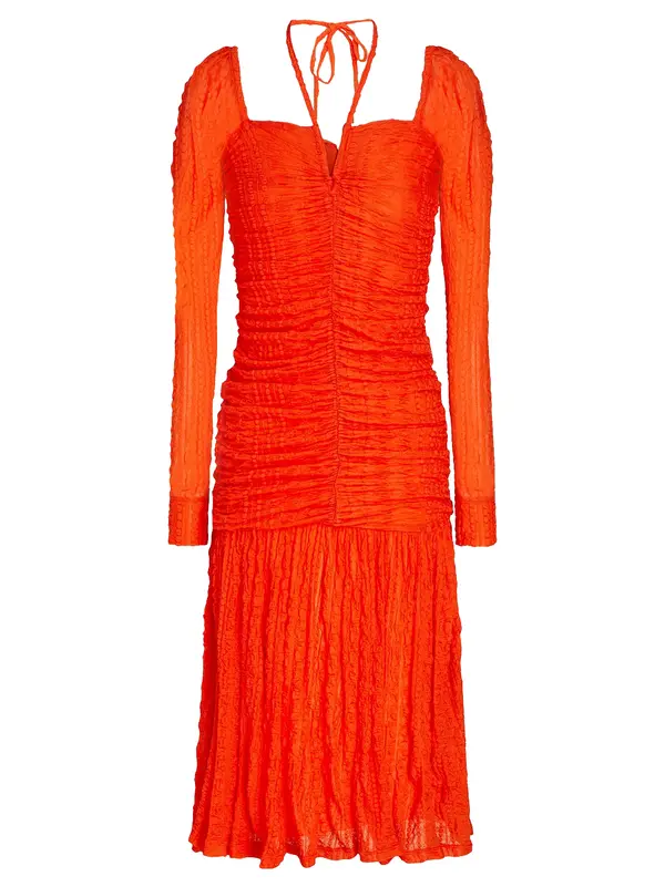 GANNI Ruched Stretch-cloqué Halterneck Midi Dress - Orange