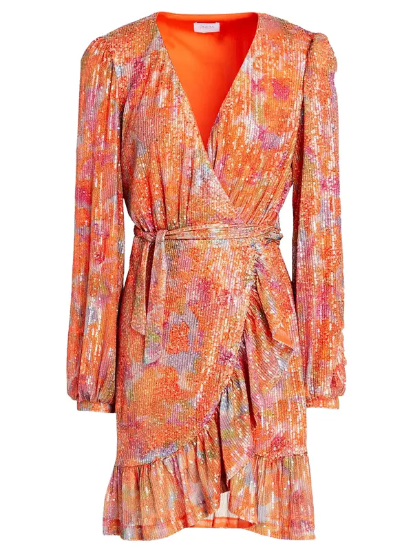 One33 Social Sequined Printed Tulle Mini Wrap Dress - Orange