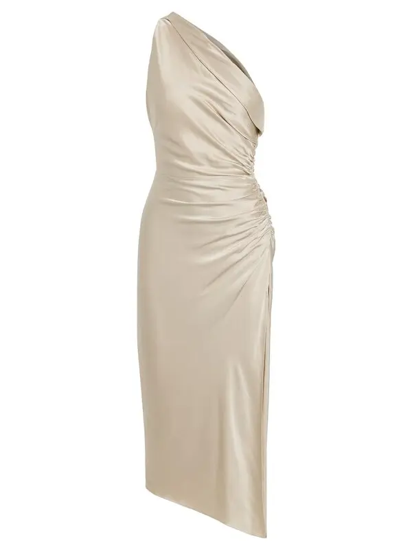 Michelle Mason One-shoulder Ruched Silk-satin Midi Dress - Beige