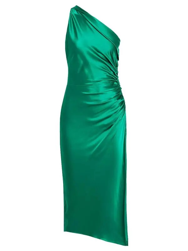 Michelle Mason One-shoulder Ruched Silk-satin Midi Dress - Jade