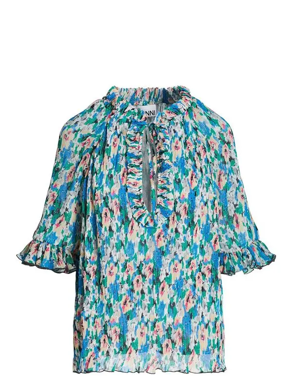 GANNI Pleated Floral Georgette Top With Ruffled Trims - Multicolor