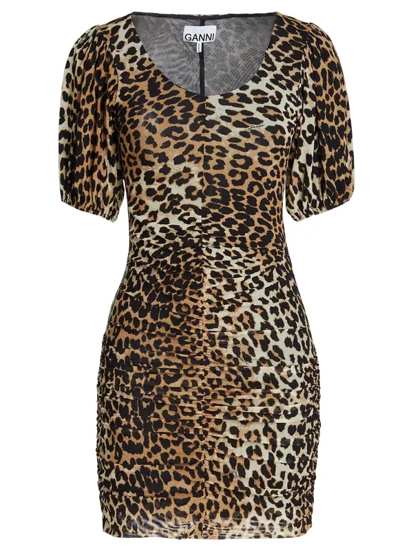 GANNI Ruched Leopard-print Mini Dress - Animal Print