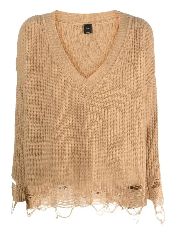Pinko Distressed V-neck Sweater - Neutrals