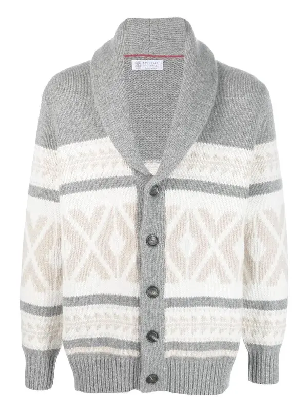 Brunello Cucinelli Pattern-intarsia Knitted Cashmere Cardigan - Grey