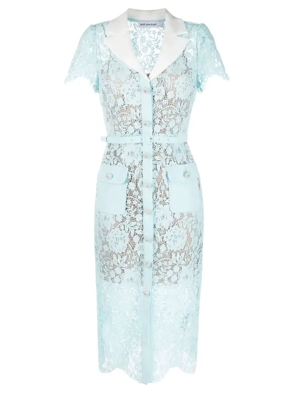 SELF-PORTRAIT Lace Midi Shirt Dress - Blue