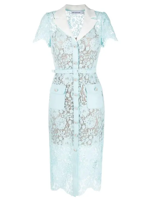 SELF-PORTRAIT Lace Midi Shirt Dress - Blue