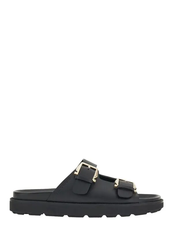 FERRAGAMO Double Buckle Leather Slides - Black