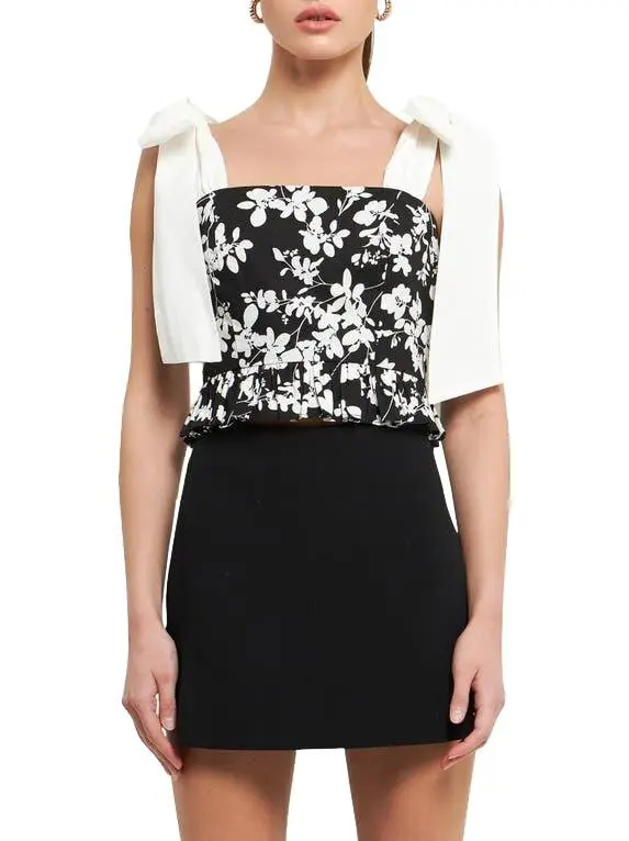 Endless Rose Bow Strap Peplum Tank - Black/white