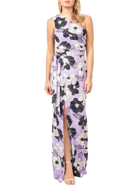 Dress The Population Bella Floral Print One-shoulder Gown - Wisteria Multi