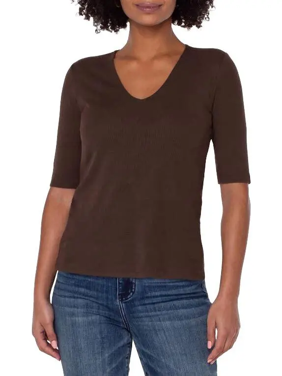 LIVERPOOL Double Layer V-neck Rib Top - Dk Espresso