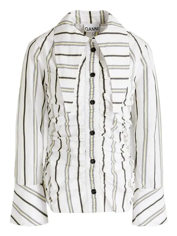 GANNI Ruched Striped Cotton-poplin Shirt - White